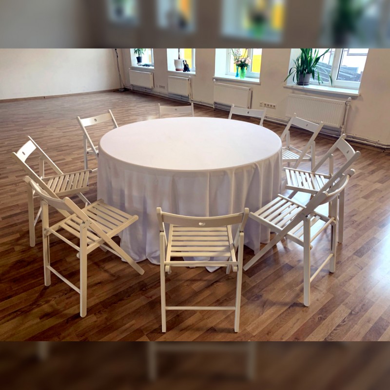 Apaļš banketa galds ar baltiem krēsliem | komplekts, 9 personām, 150 cm ...